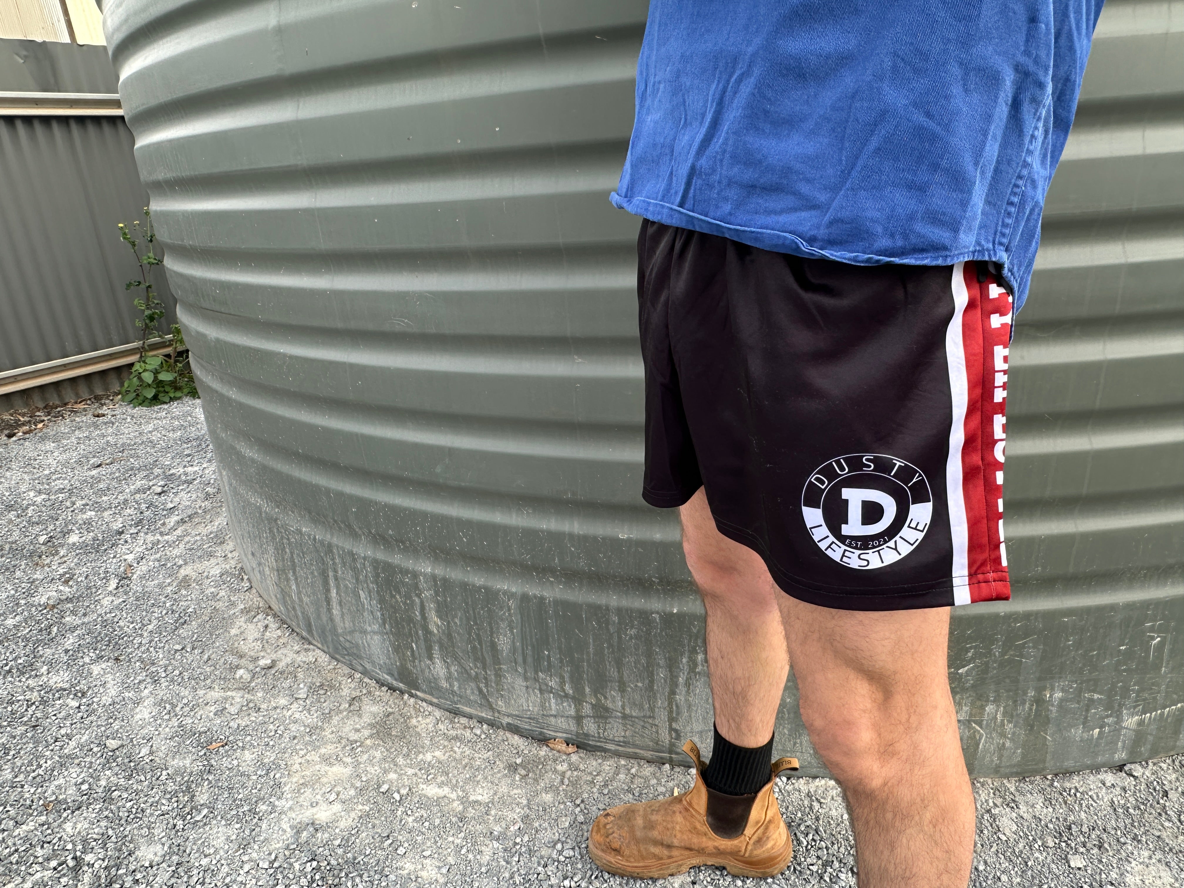 FOOTY SHORTS | BLACK & RED STRIPE – DUSTY LIFESTYLE
